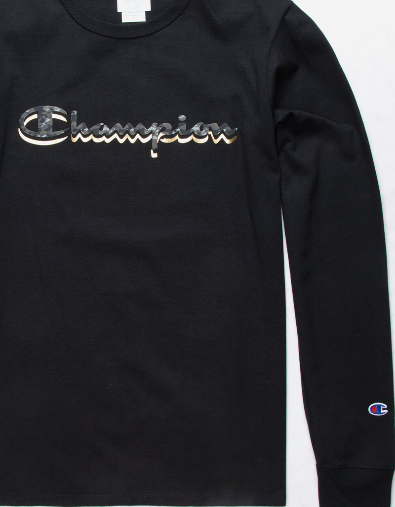 CHAMPION Camo & Gold Script Logo Black Mens T-Shirt - BLACK - XXL | Tillys