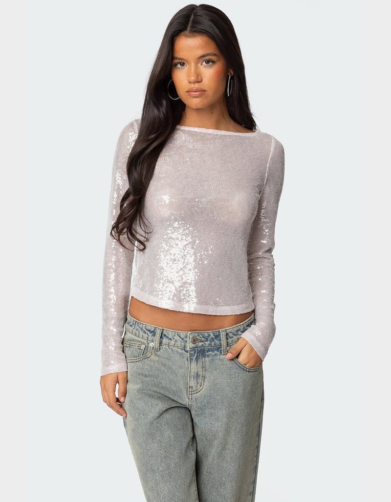 EDIKTED Sheer Sequin Boat Neck Top - BEIGE - XL | Tillys