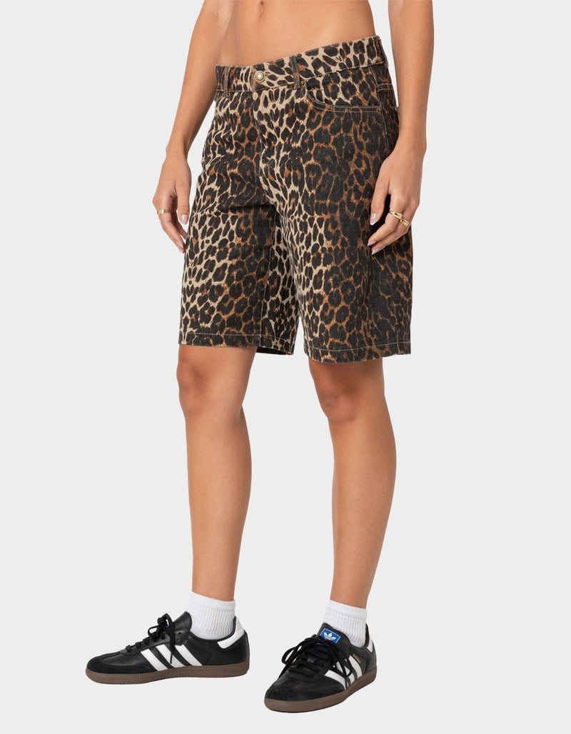 EDIKTED Leopard Low Rise Denim Bermuda Shorts - ORANGE | Tillys