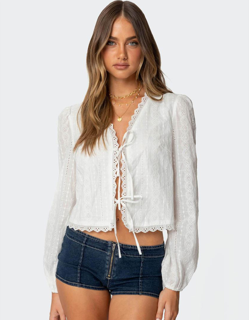EDIKTED Lesley Cotton Lace Tie Front Top - WHITE - XS | Tillys
