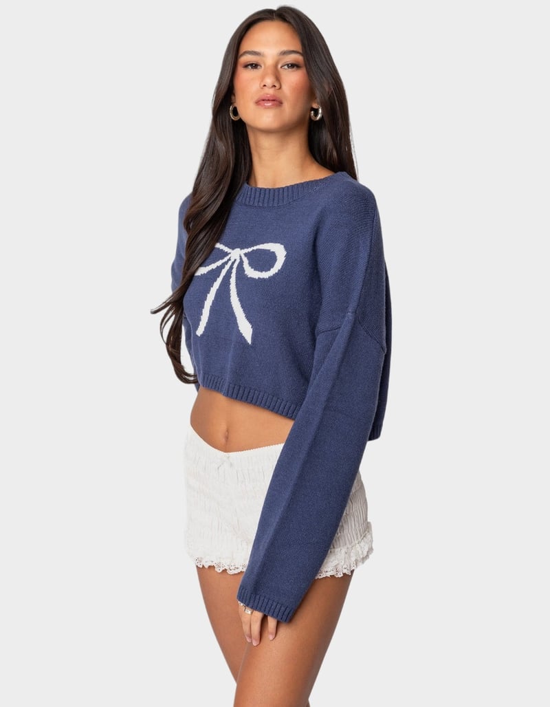 EDIKTED Knit Bow Cropped Sweater - NAVY | Tillys