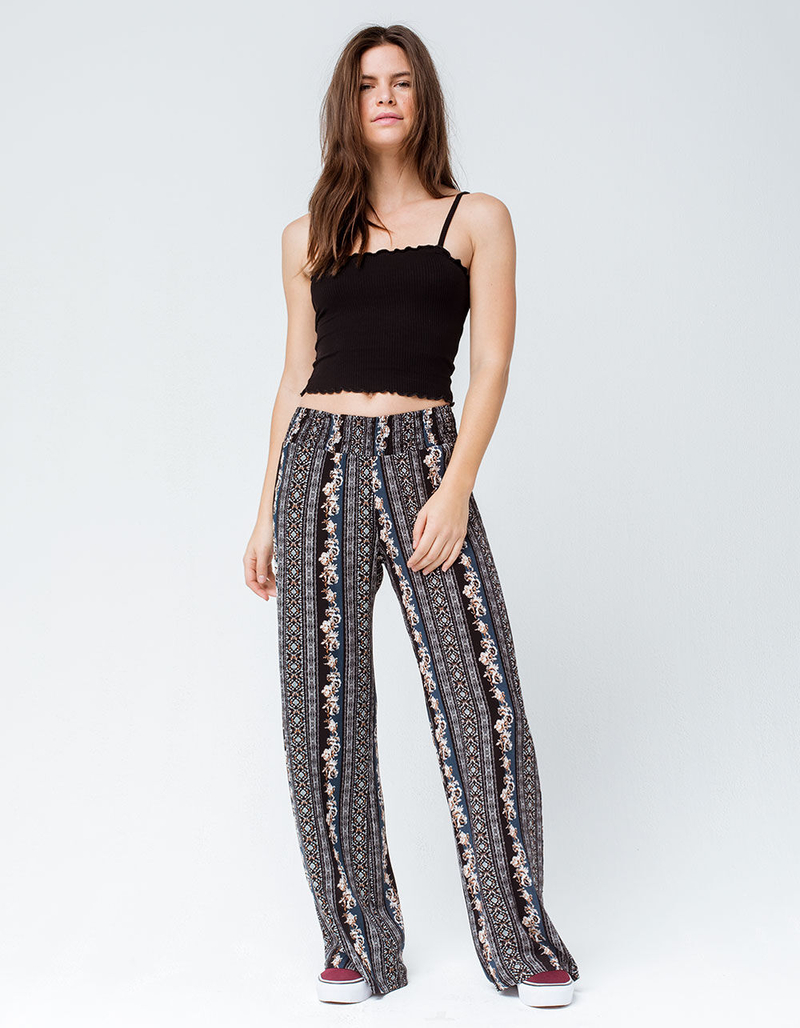 Sky And Sparrow Smock Waist Linear Floral Womens Wide Leg Pants Blue
