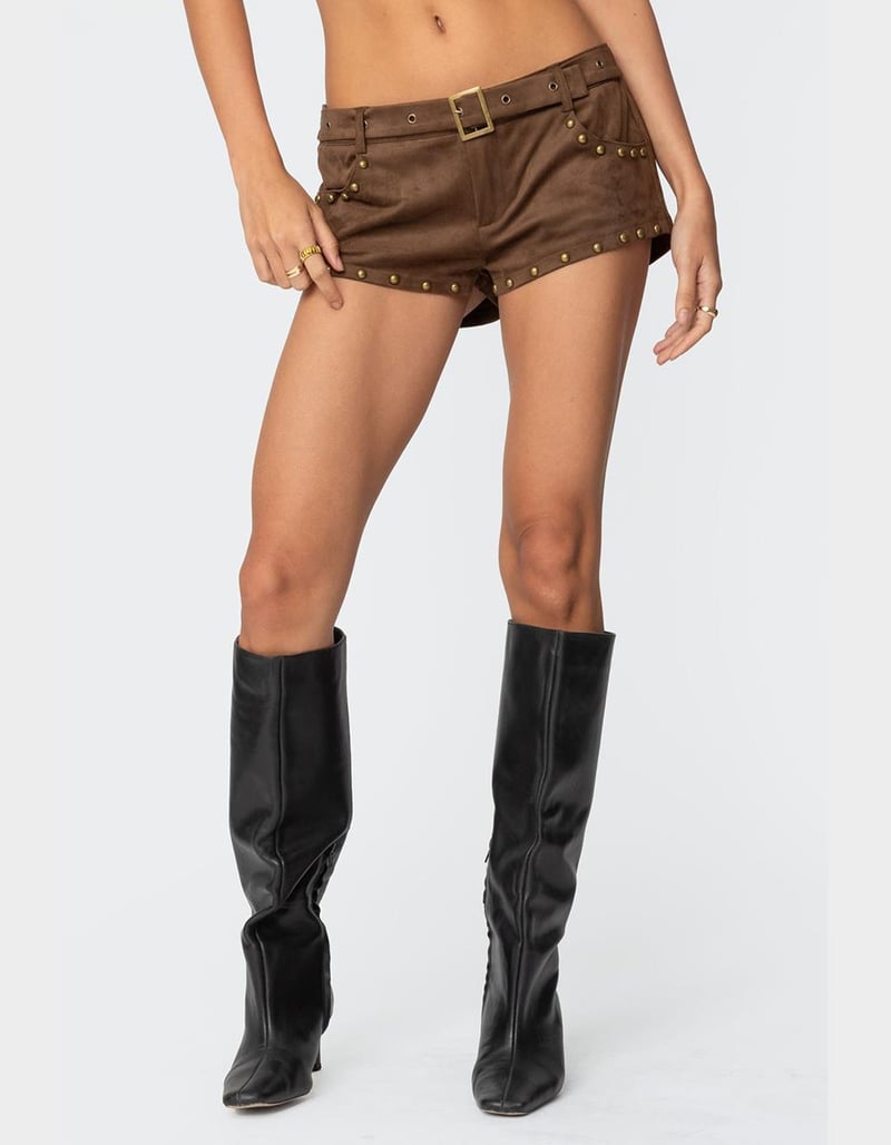 EDIKTED Studded Faux Suede Micro Shorts - BROWN | Tillys