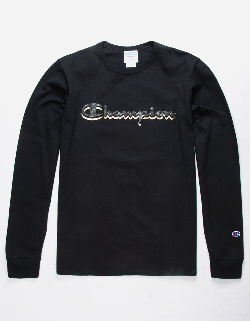 CHAMPION Camo & Gold Script Logo Black Mens T-Shirt - BLACK | Tillys