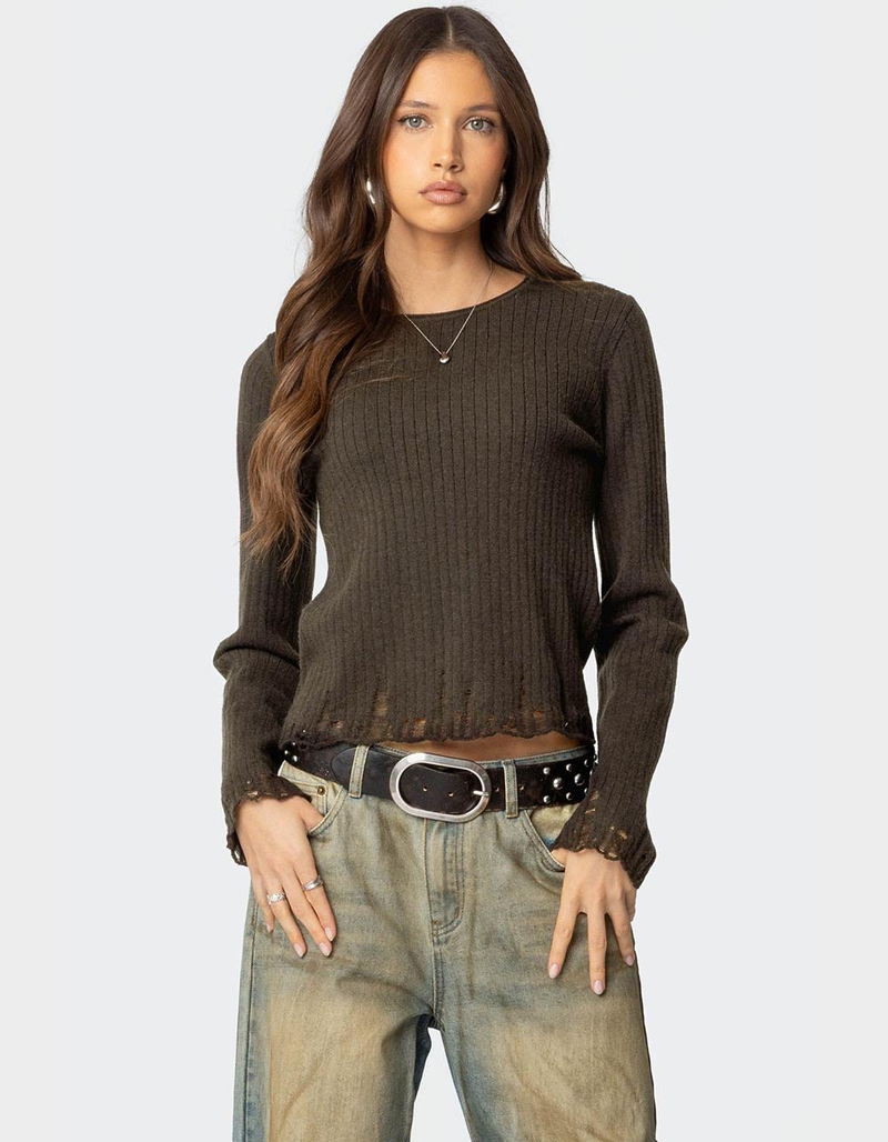 EDIKTED Distressed Ribbed Knit Sweater - DK GREEN | Tillys