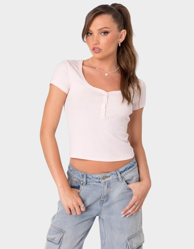 EDIKTED Pointelle Henley Tee - LIGHT PINK - M | Tillys