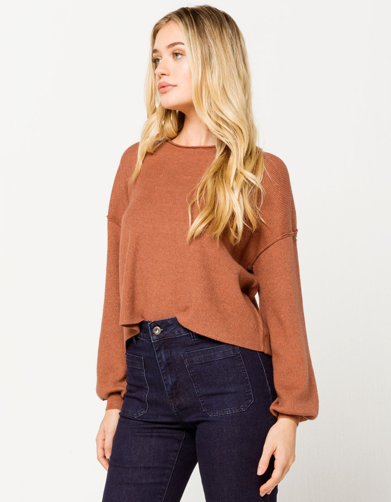 Sky And Sparrow Ribbed Balloon Sleeve Rust Womens Crop Sweater Rust