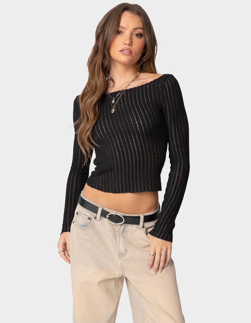 EDIKTED Textured Sheer Boat Neck Top - BLACK | Tillys