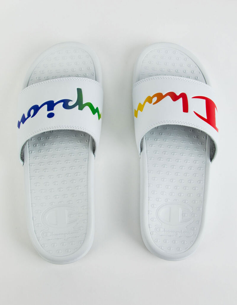 CHAMPION Super Slide Split Script White & Rainbow Womens Slide Sandals ...