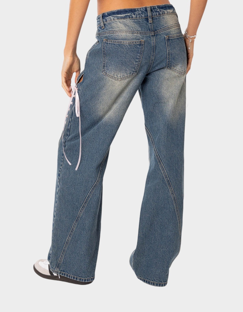 EDIKTED Low Rise Ribbon Lace Up Jeans - BLUE | Tillys