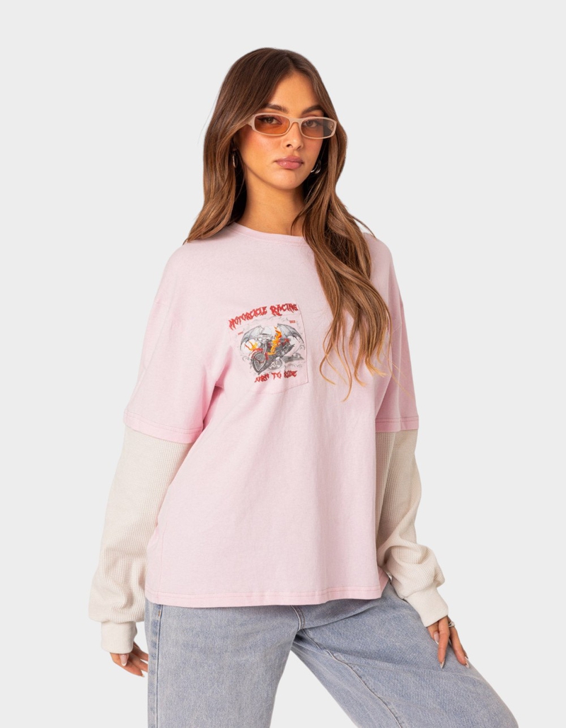 EDIKTED Racing Oversized Layered Tee - LIGHT PINK | Tillys
