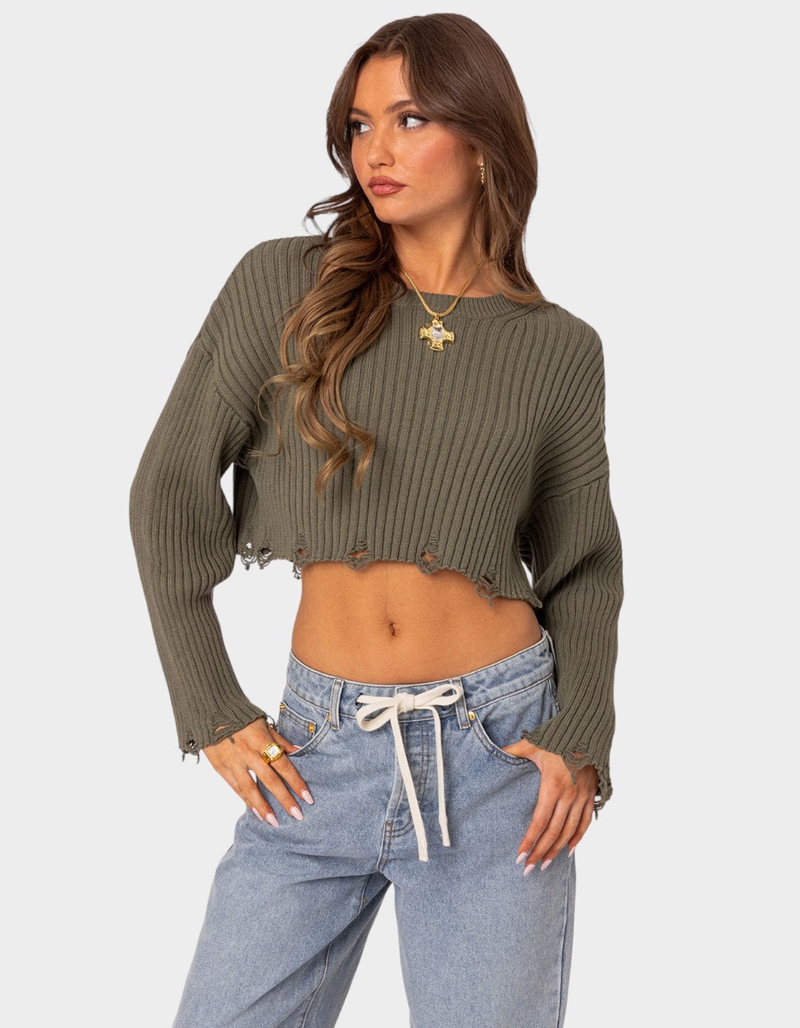 EDIKTED Distressed Hem Oversized Cropped Sweater - DK GREEN - M/L | Tillys