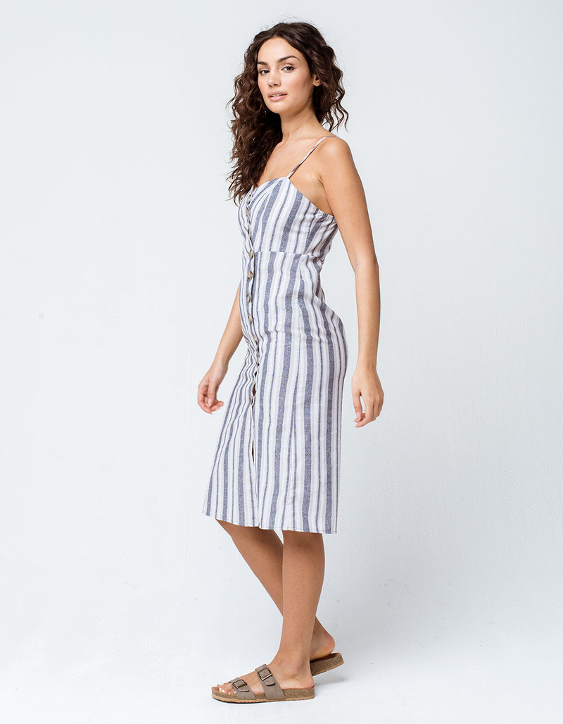 Sky And Sparrow Stripe Asymmetrical Button Front Midi Dress Blue