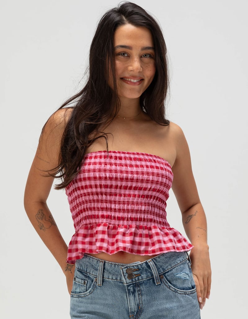 FULL TILT Smocked Plaid Peplum Tube Top - RED COMBO - M | Tillys