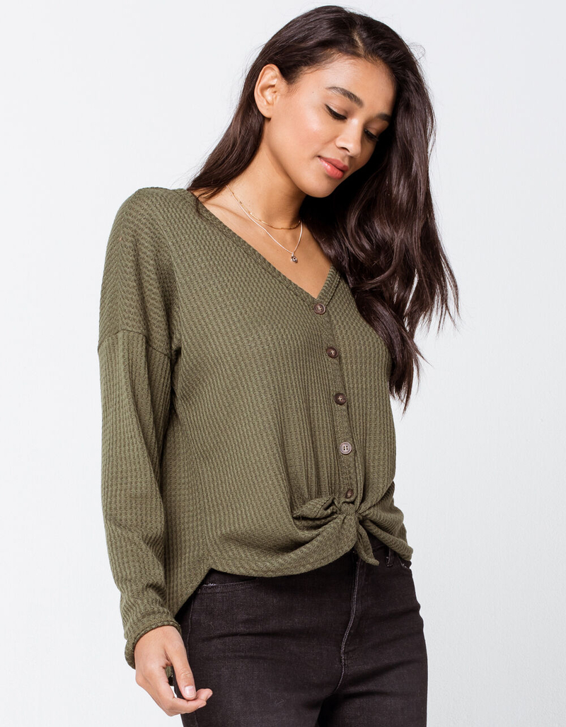 Sky And Sparrow Button Tie Front Olive Womens Thermal Top Olive Tillys