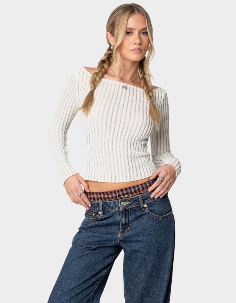 EDIKTED Textured Sheer Boat Neck Top - WHITE | Tillys