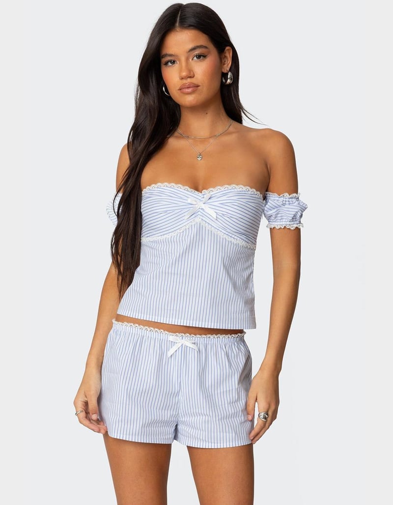 EDIKTED Taryn Off Shoulder Striped Top - LIGHT BLUE - L | Tillys