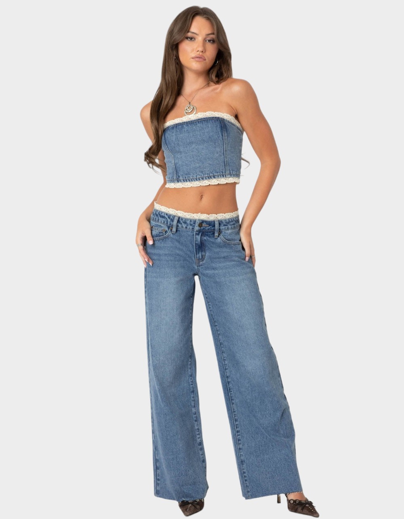 EDIKTED Karlie Lace Trim Denim Tube Top - BLUE | Tillys