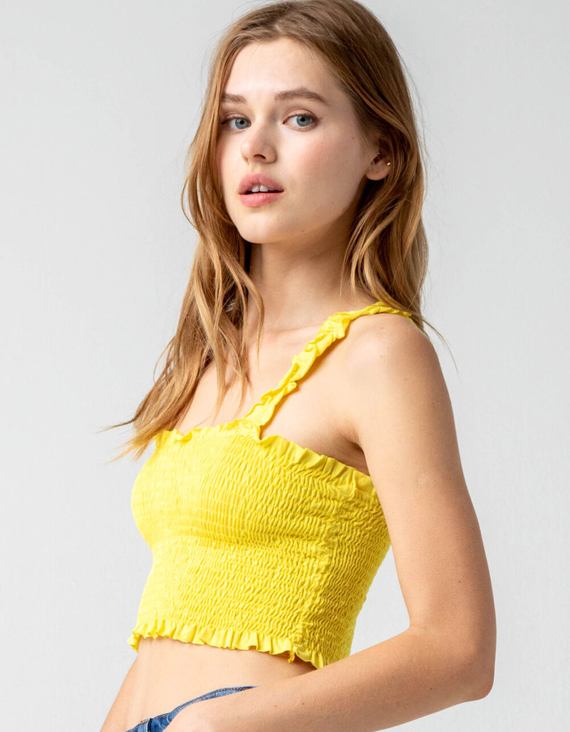 SKY AND SPARROW Solid Ruffle Strap Smocked Womens Yellow Top - YELLO ...