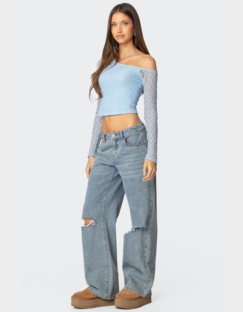 EDIKTED Fabia Asymmetric Textured Lace Top - LIGHT BLUE - XS | Tillys