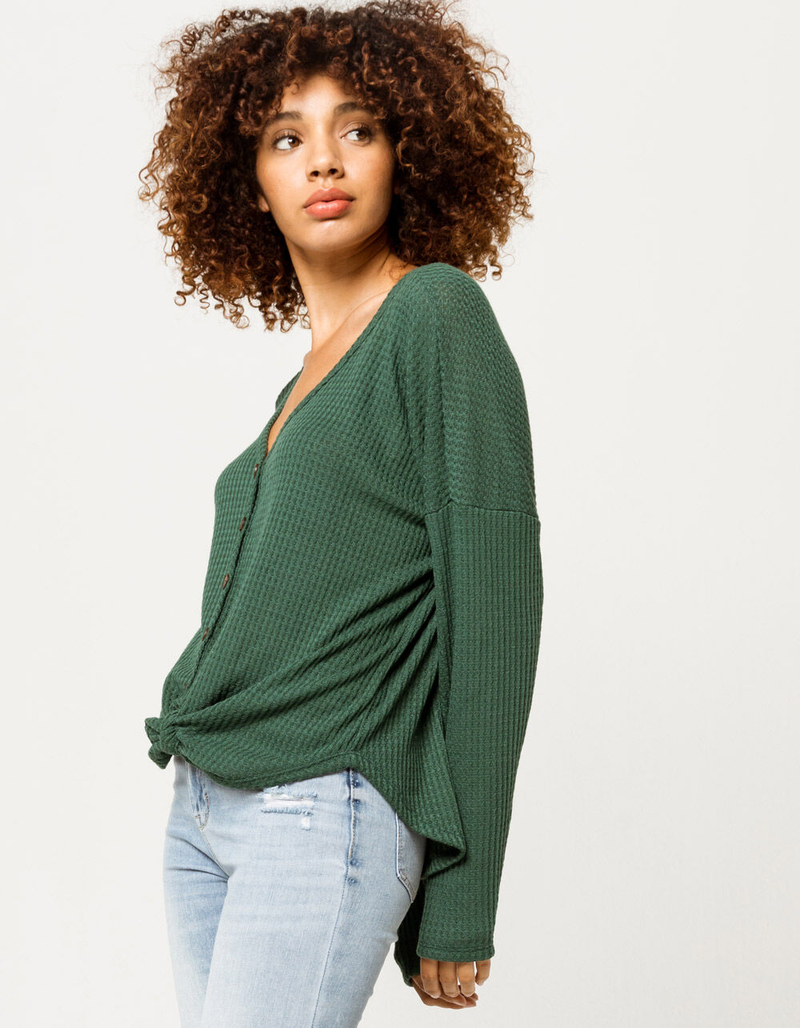 Sky And Sparrow Button Tie Front Hunter Green Womens Thermal Top