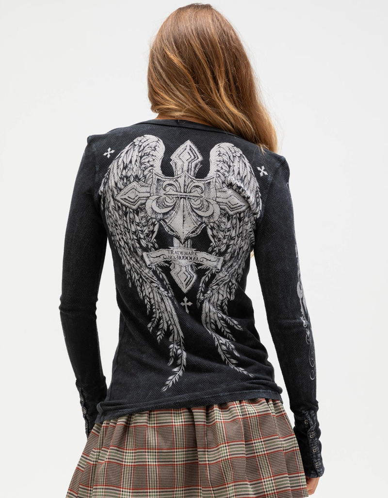 AFFLICTION Simulation Womens Long Sleeve Henley Thermal - BLACK - XS ...