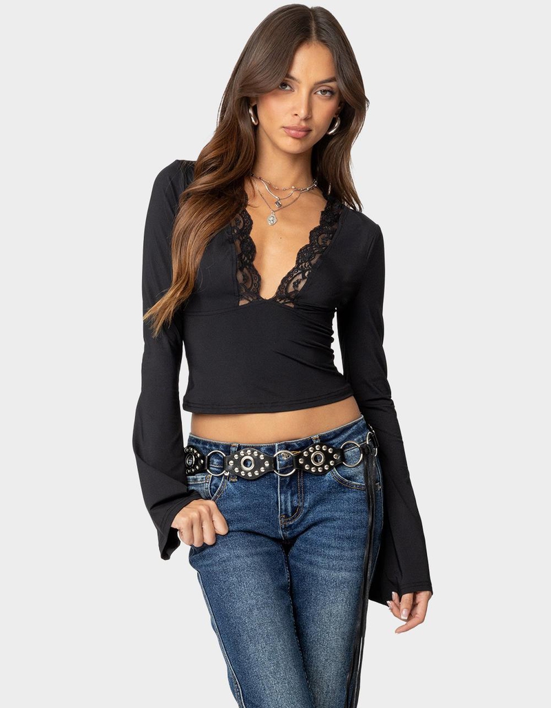 EDIKTED Tina Lacey Plunge Neck Top - BLACK | Tillys