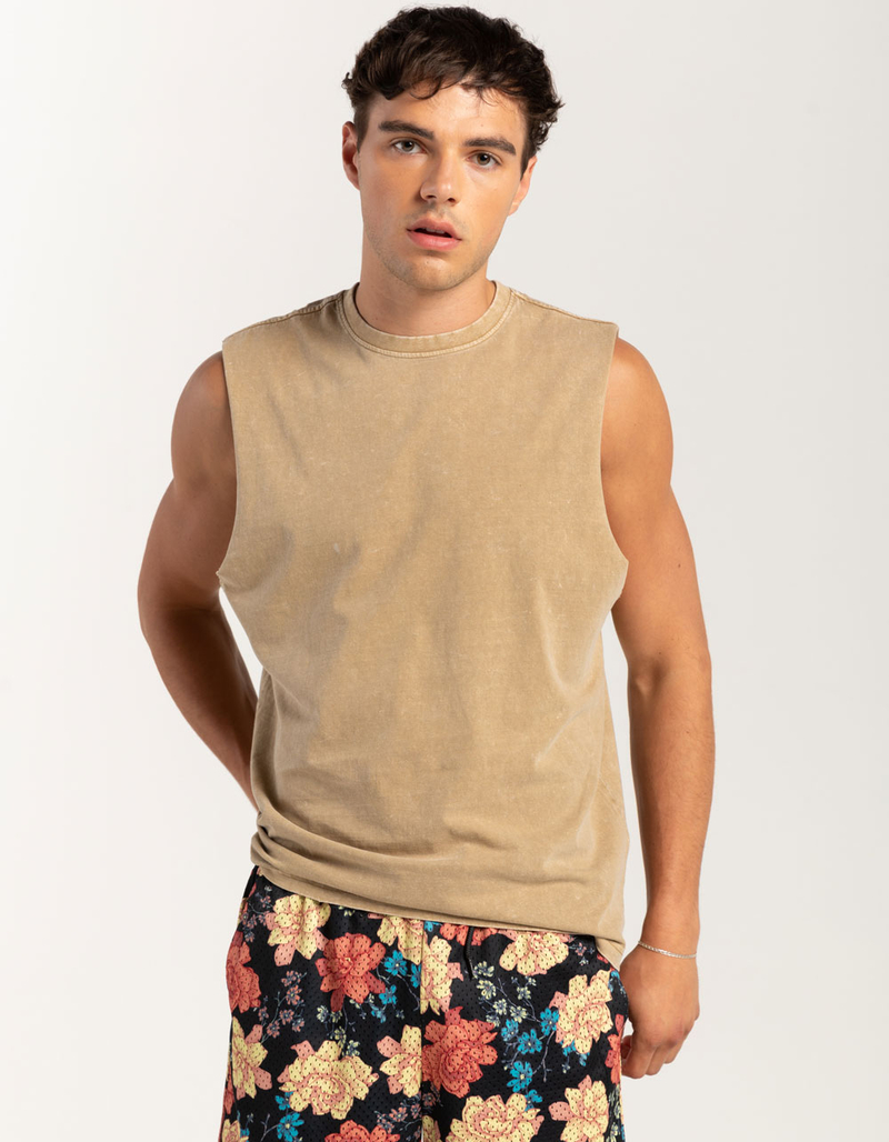 RSQ Mens Acid Wash Muscle Tee - TAN | Tillys