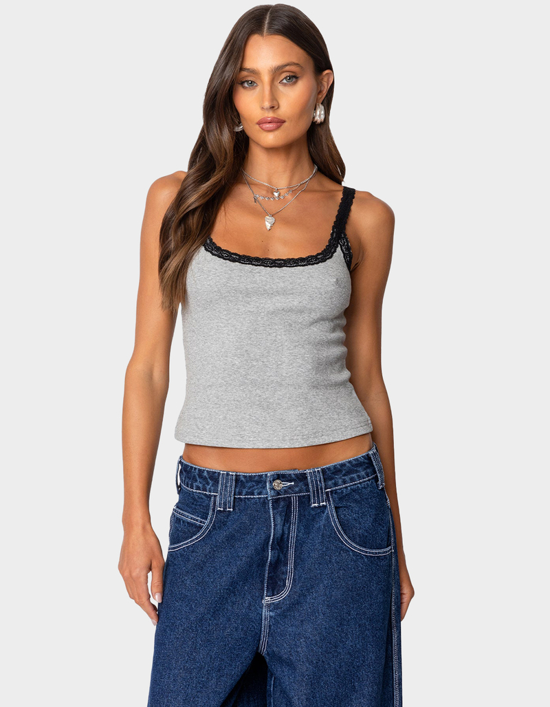 EDIKTED Jude Lacey Ribbed Tank Top - GRAY - XL | Tillys