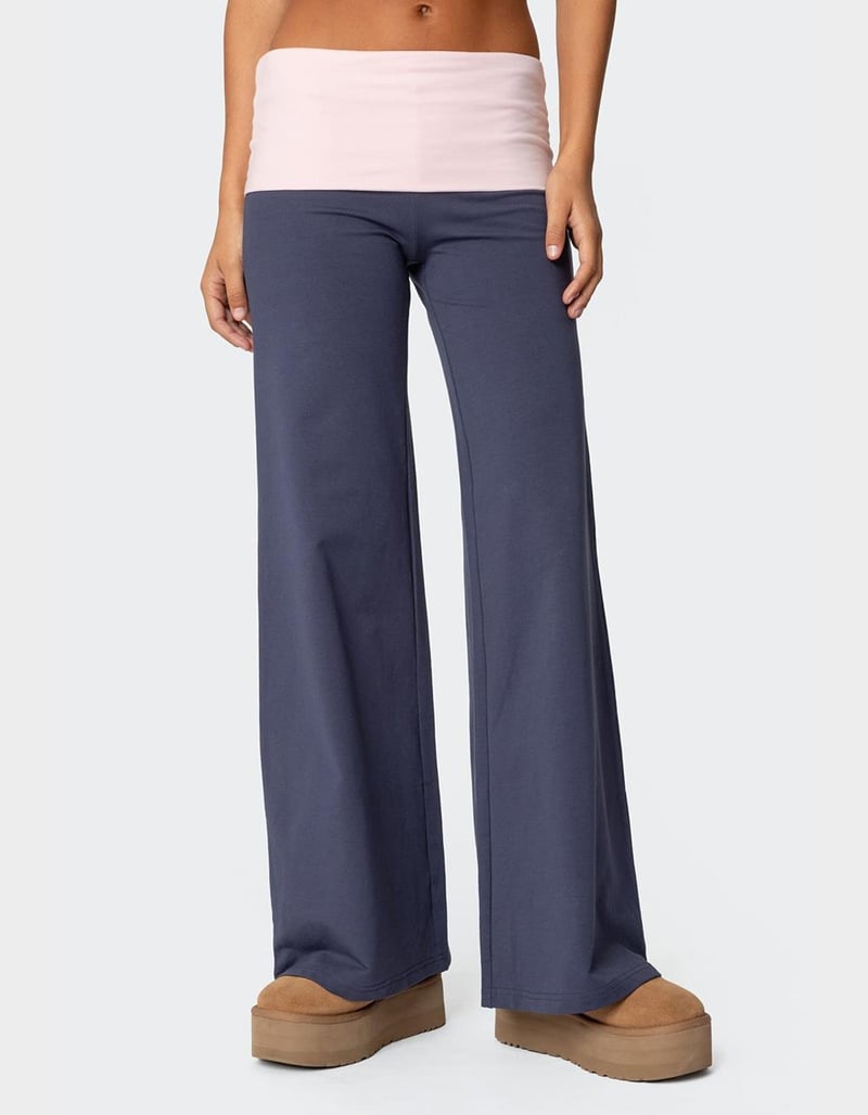 EDIKTED Wide Leg Contrast Fold Over Pants - NAVY - XL | Tillys