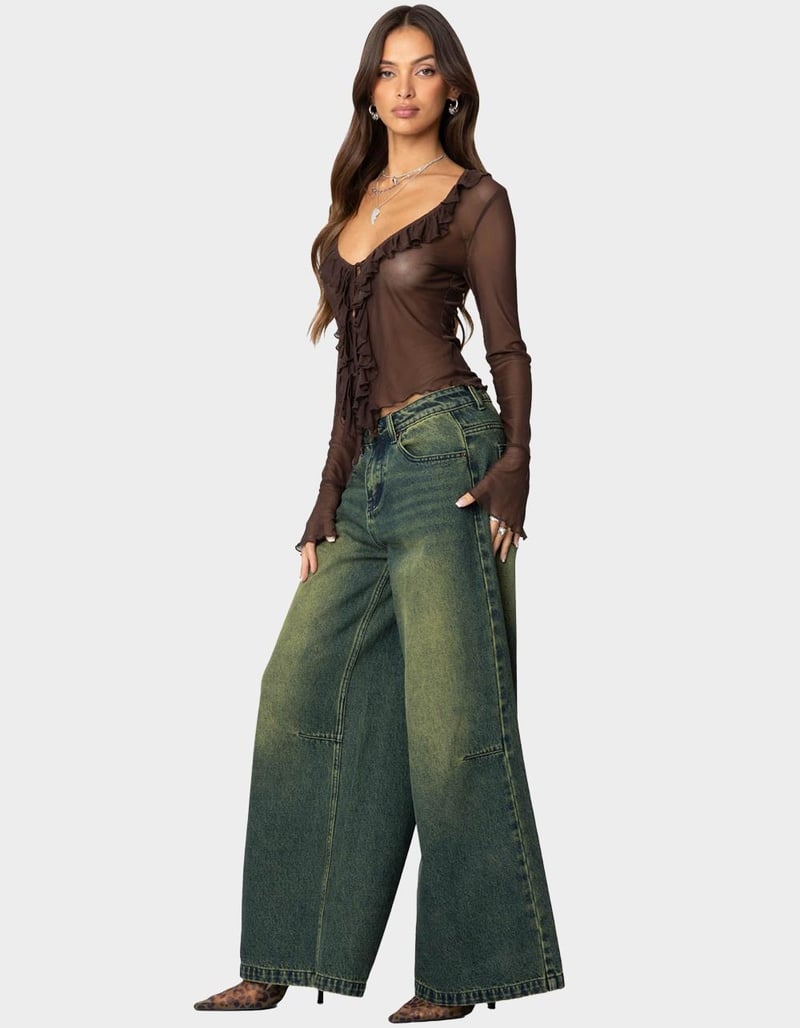 EDIKTED Sheer Mesh Ruffled Top - BROWN - XL | Tillys