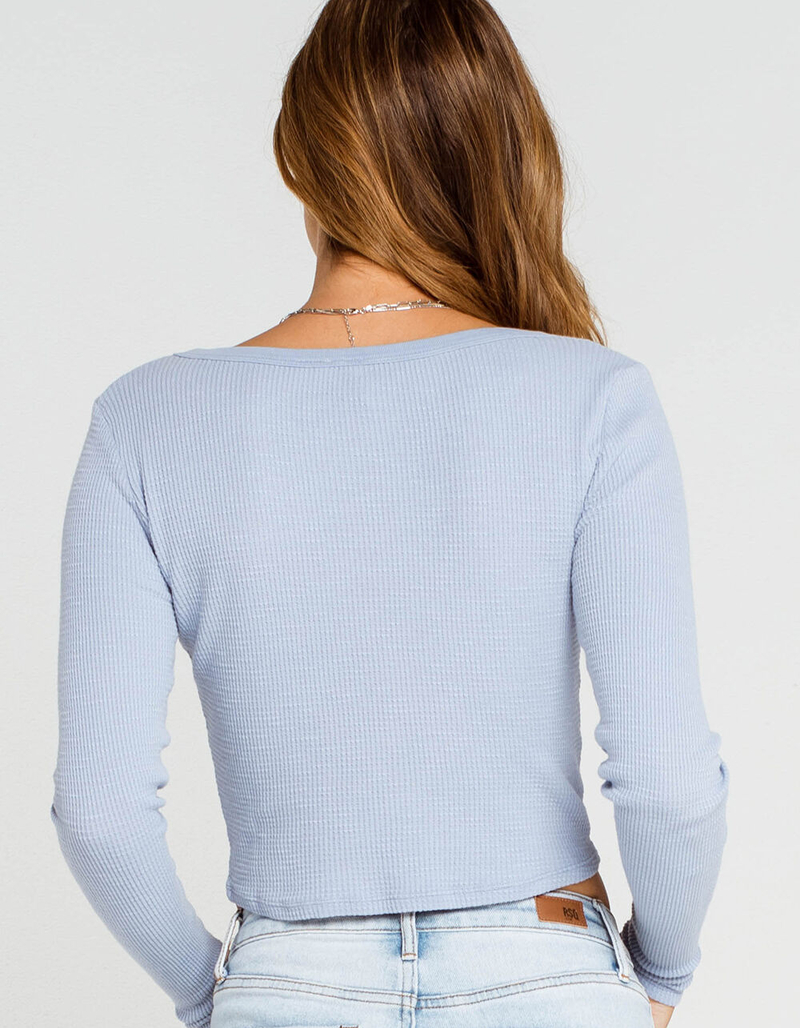 Sky And Sparrow Cinched Button Front Womens Light Blue Knit Top Light