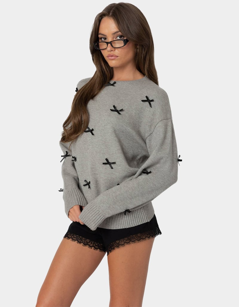EDIKTED Satin Bow Oversized Sweater - GRAY | Tillys