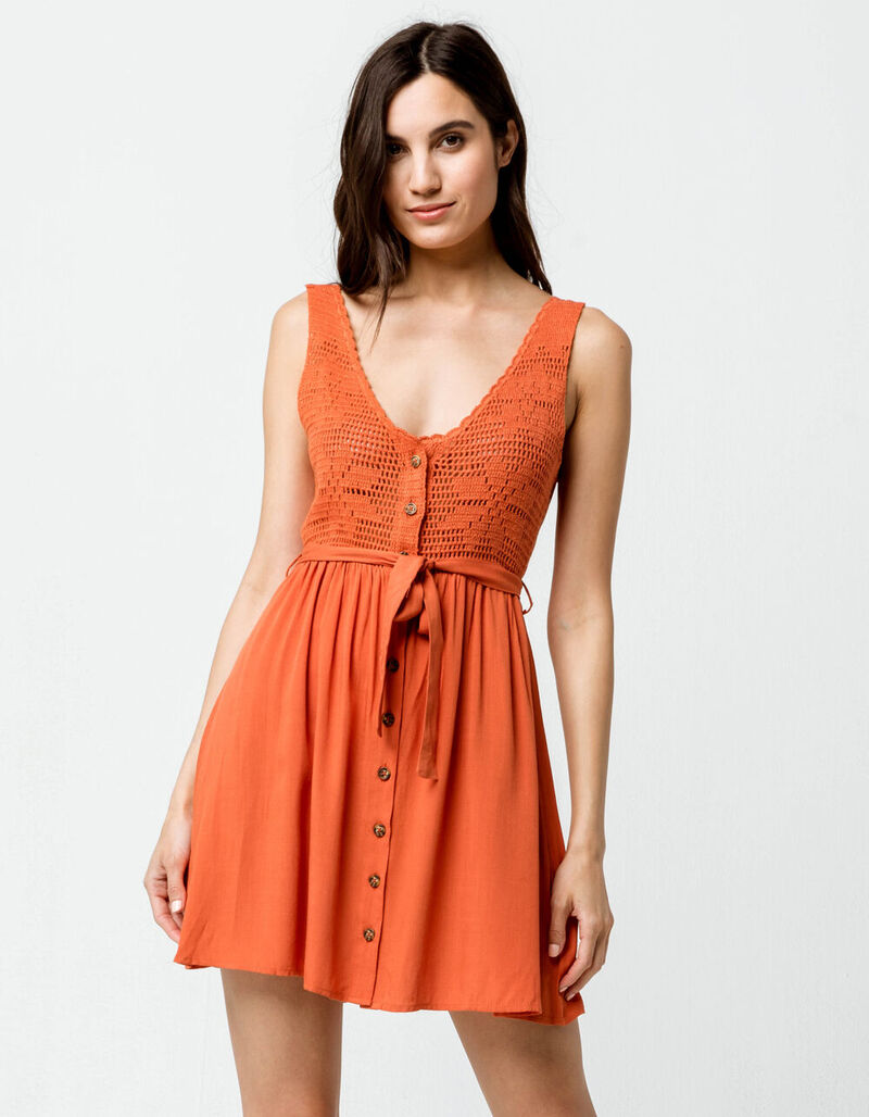 SKY AND SPARROW Crochet Tie Waist Rust Dress - RUST - 347785710
