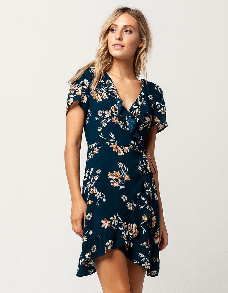 IVY & MAIN Floral Ruffle Wrap Dress - NAVCO - XS | Tillys