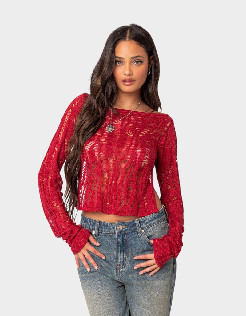 EDIKTED Rosa Open Back Sheer Knit Top - RED | Tillys