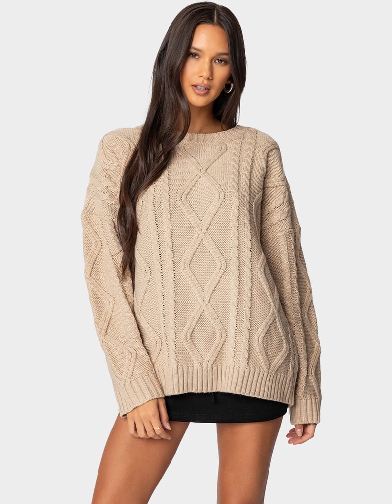 EDIKTED Kennedy Oversized Cable Knit Sweater - BEIGE | Tillys