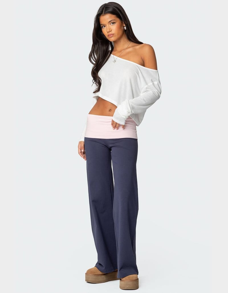 EDIKTED Wide Leg Contrast Fold Over Pants - NAVY | Tillys