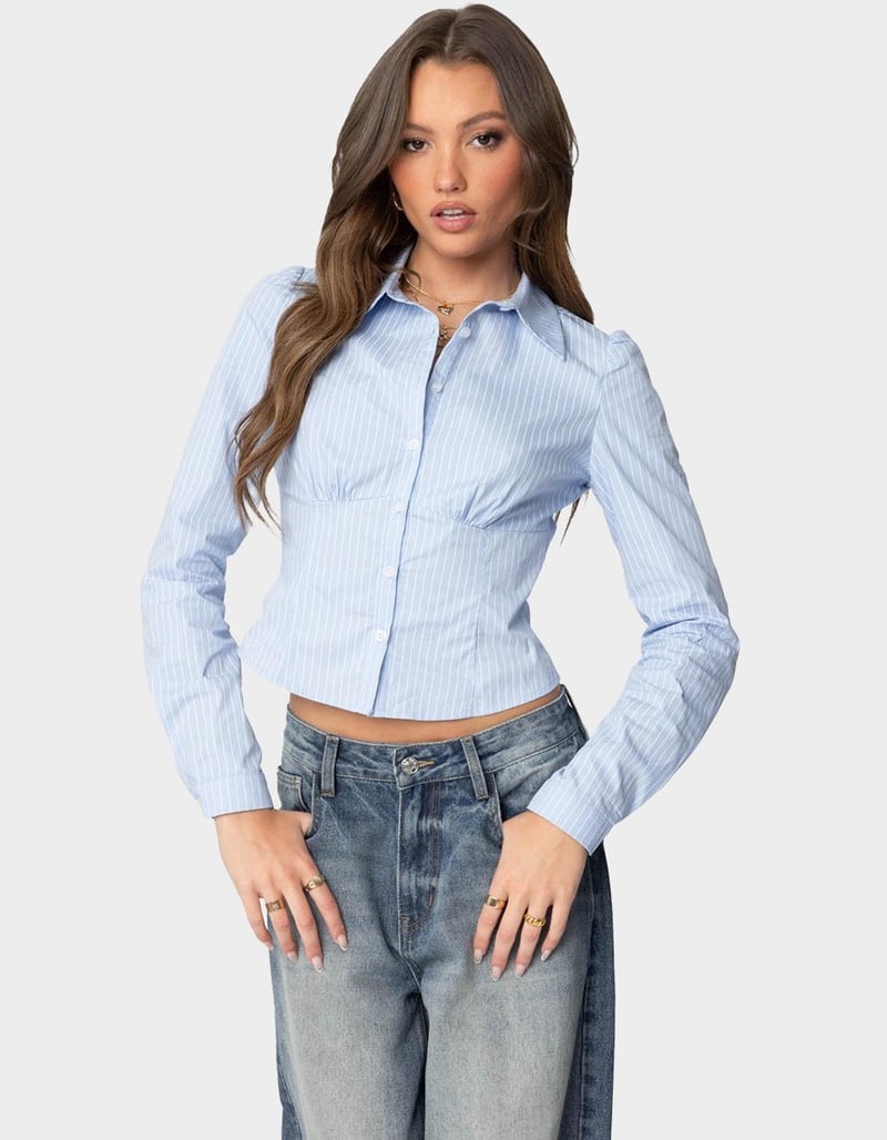 EDIKTED Tailored Pinstripe Button Up Shirt - LIGHT BLUE | Tillys