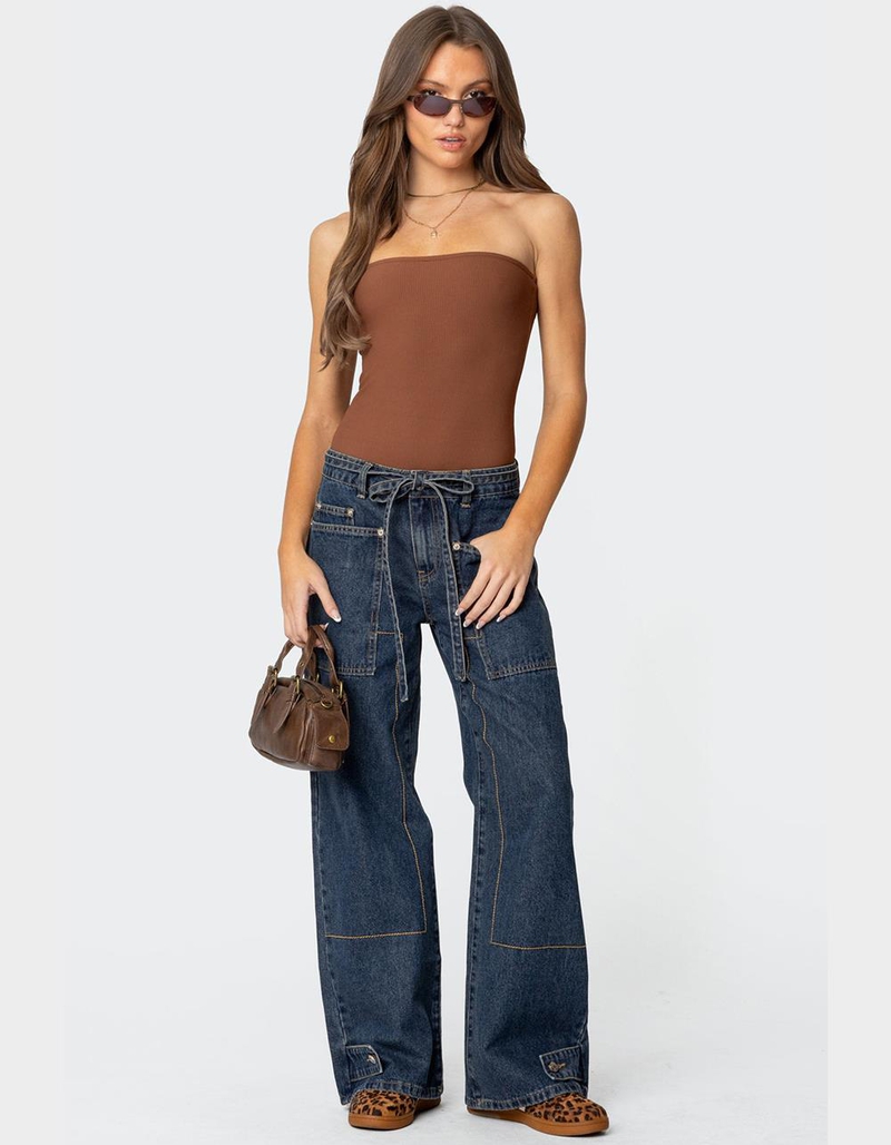 EDIKTED Funky Stitch Low Rise Jeans - DARK BLUE - XL | Tillys