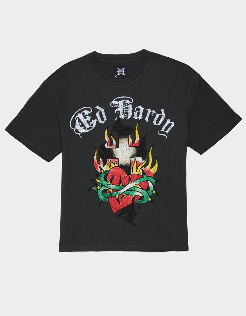 ED HARDY Cross Heart Mens Tee - CHARCOAL - M | Tillys