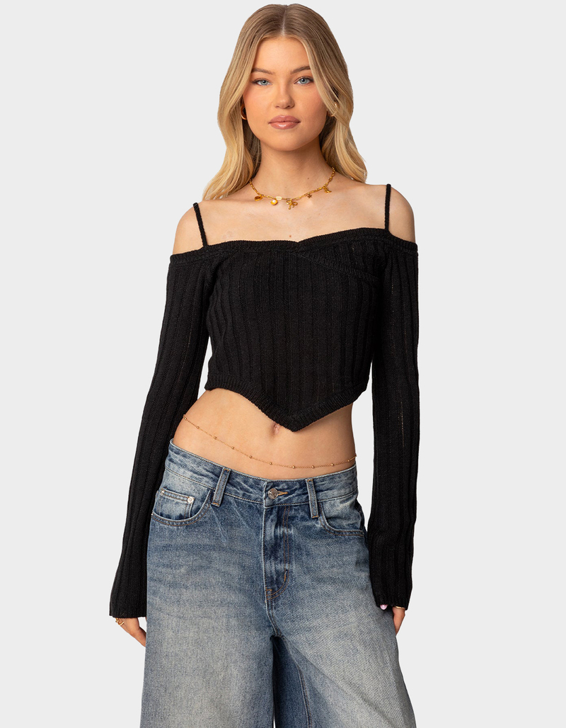 EDIKTED Triangle Hem Off Shoulder Sweater - BLACK | Tillys