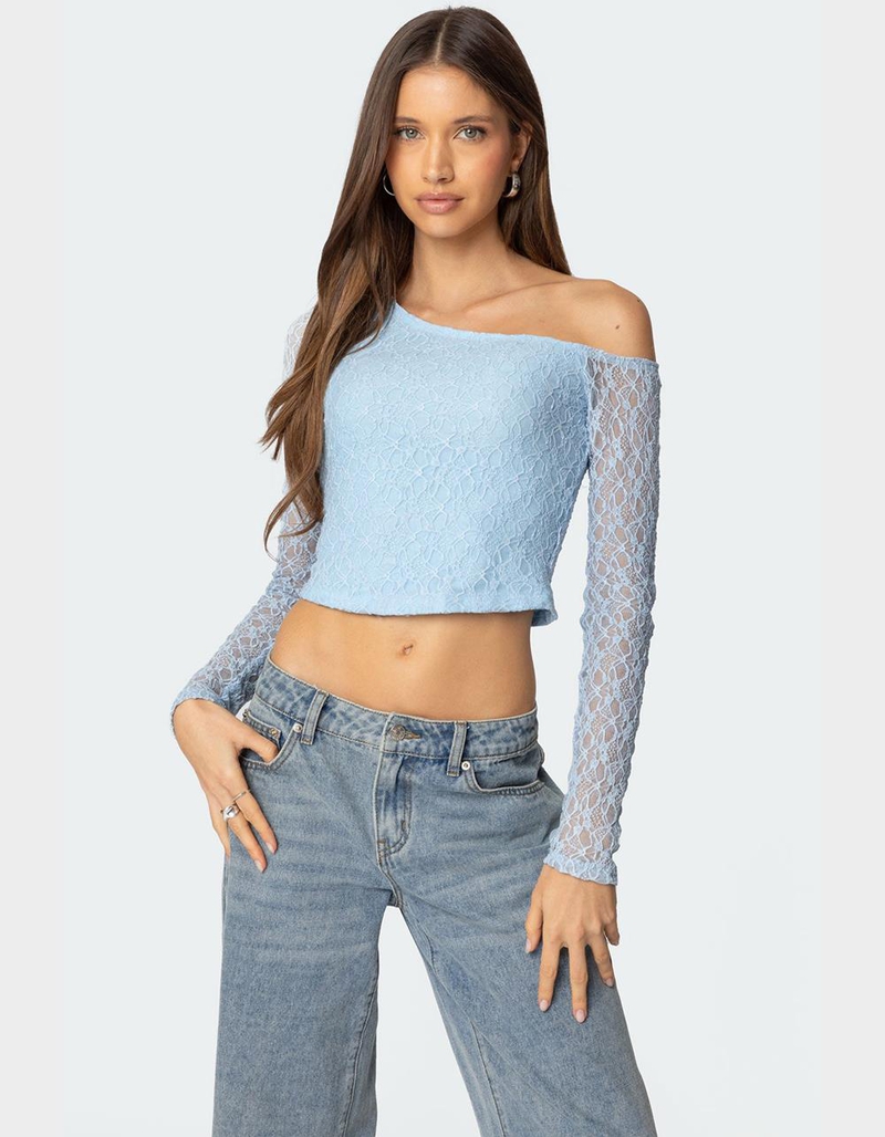 EDIKTED Fabia Asymmetric Textured Lace Top - LIGHT BLUE - XS | Tillys