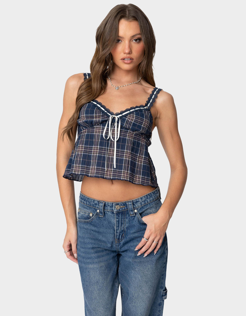 EDIKTED Plaid Lace Trim Tank Top - NAVY | Tillys