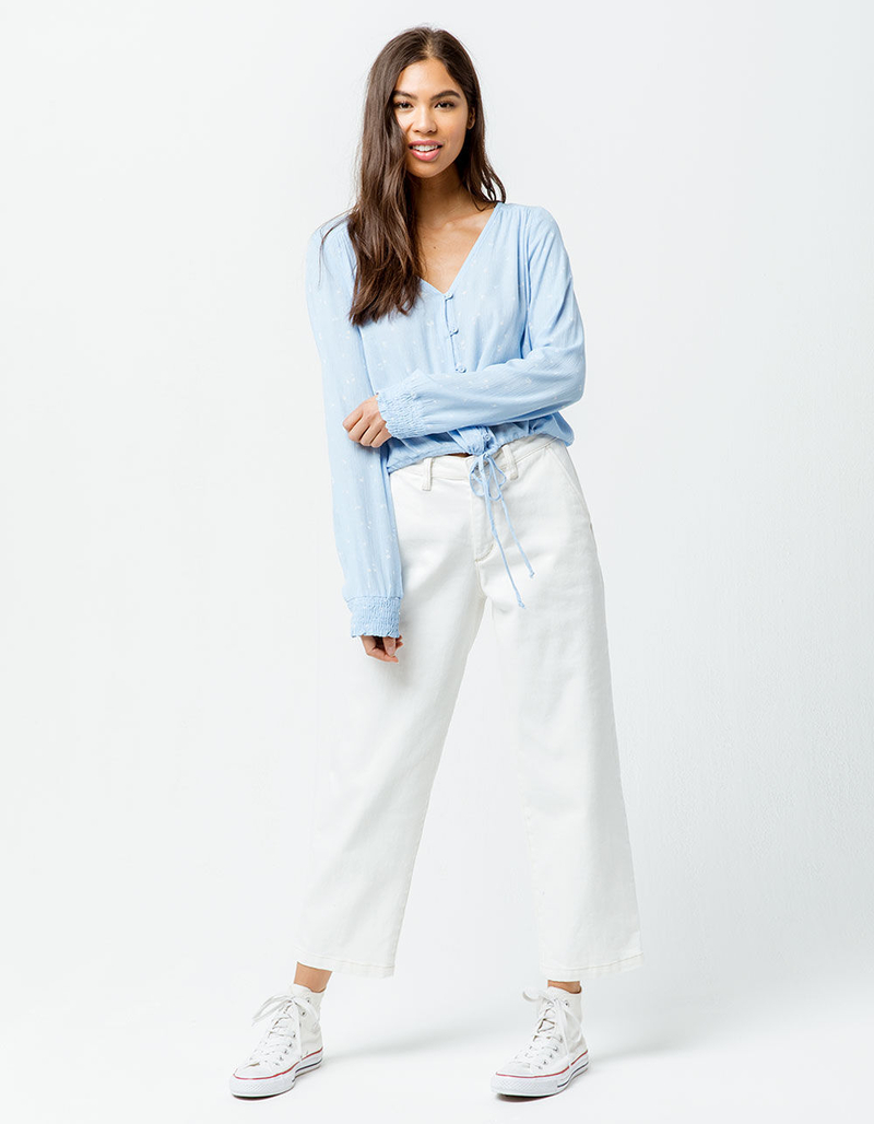 Sky And Sparrow Button Cinch Smock Light Blue Womens Top Light Blue
