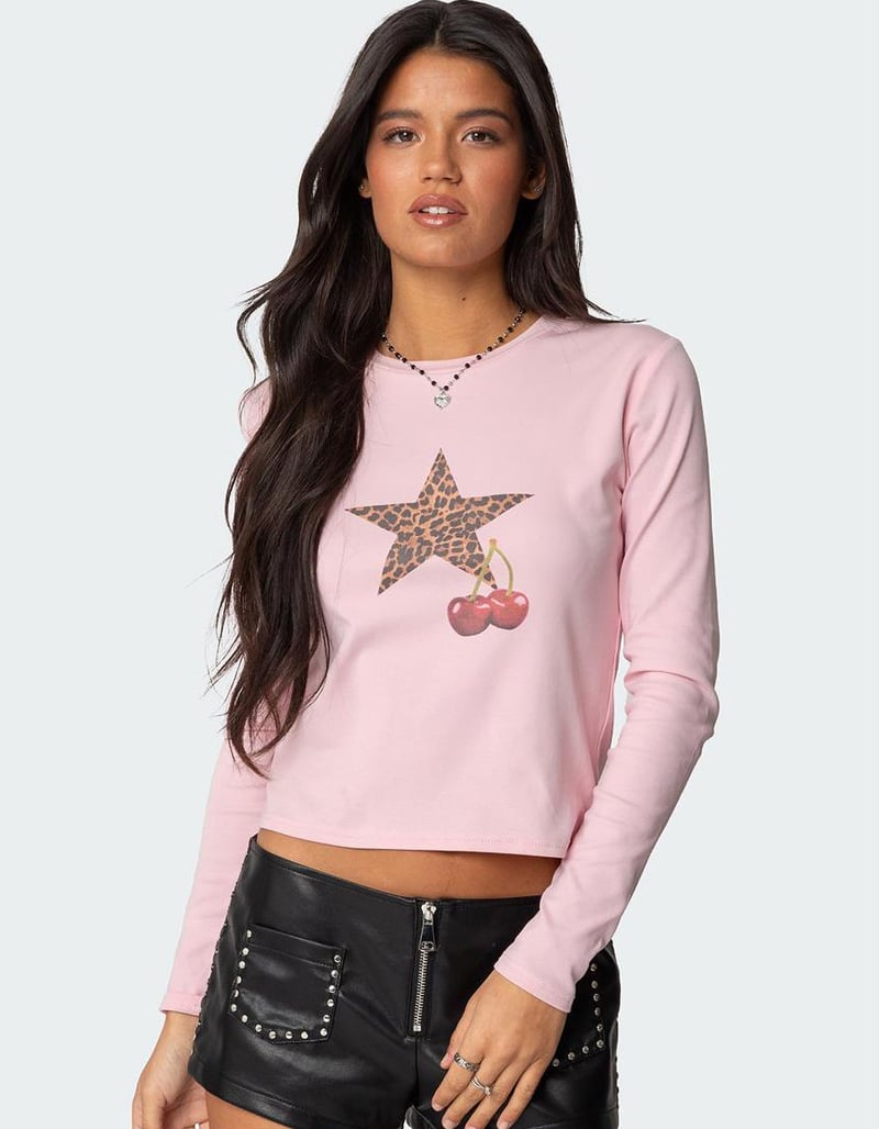 EDIKTED Cherry Leopard Star Long Sleeve Tee - PINK - S | Tillys