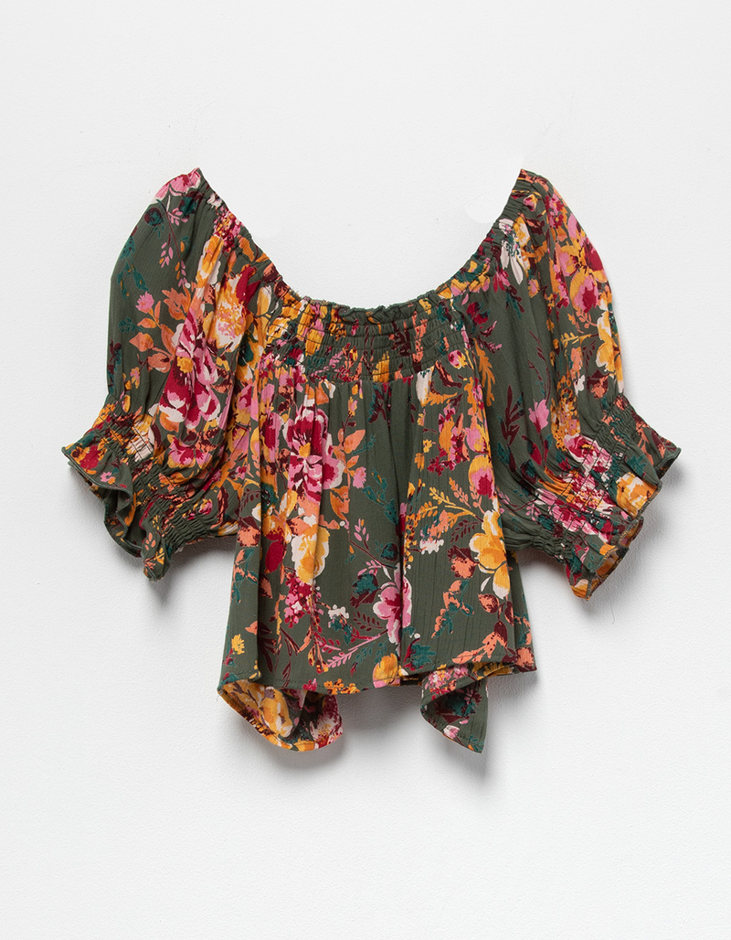 Angie Floral Smocked Girls Top Olive Combo Xl Tillys