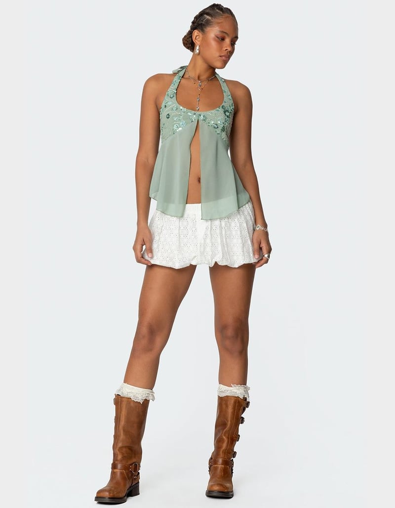 EDIKTED Sequin Chiffon Split Front Top - DK GREEN - L | Tillys