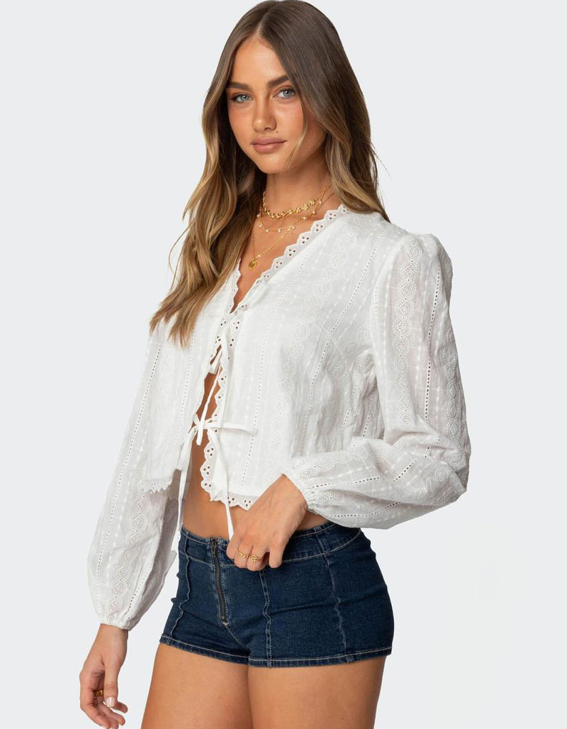 EDIKTED Lesley Cotton Lace Tie Front Top - WHITE - M | Tillys