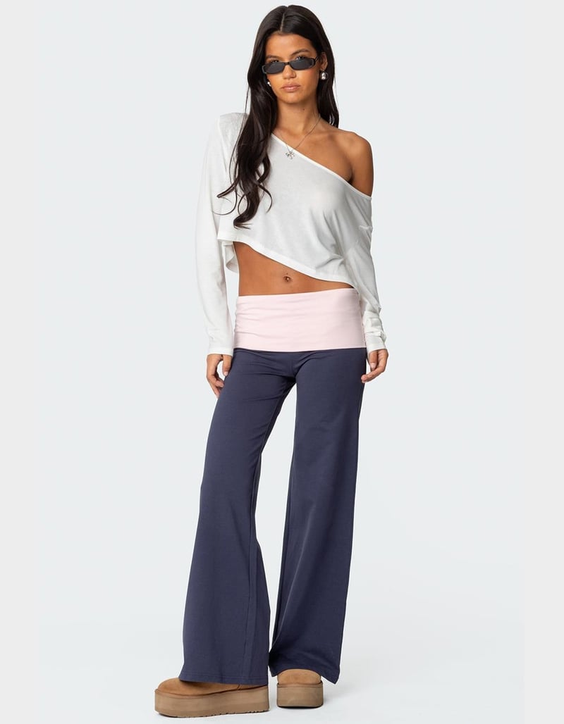 EDIKTED Wide Leg Contrast Fold Over Pants - NAVY | Tillys